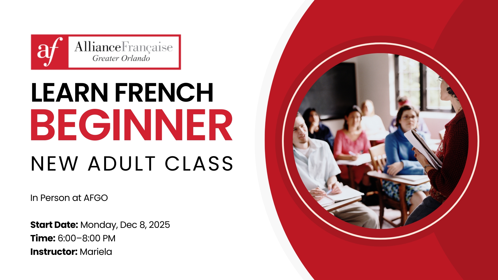 New Adult Beginner French Class – STARTING DEC 8 - AFGO